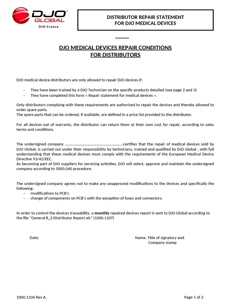 DJO Medical Device Repair Guidelines | PDF | Medical Device
