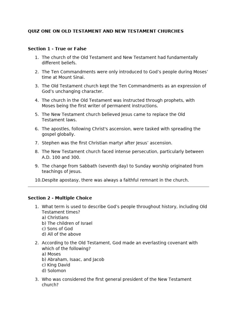 Quiz One On Old Testament and New Testament Churches - No Answers | PDF