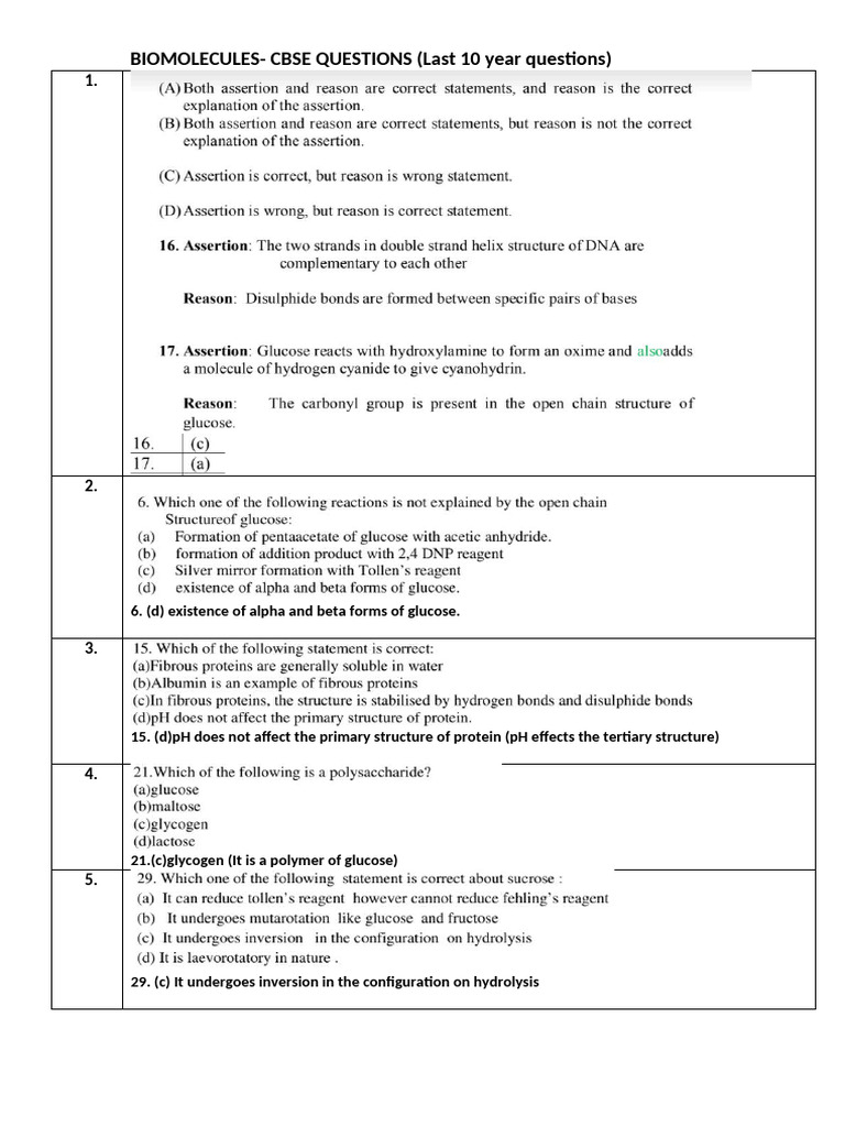 Biomolecules CBSE Questions Worksheet | PDF | Science & Mathematics