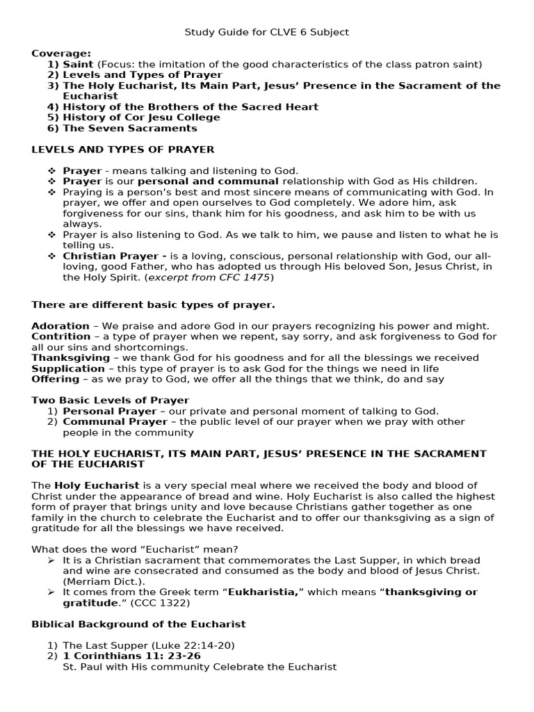 Study Guide For CLVE 6 Subject | PDF | Eucharist | Sacraments