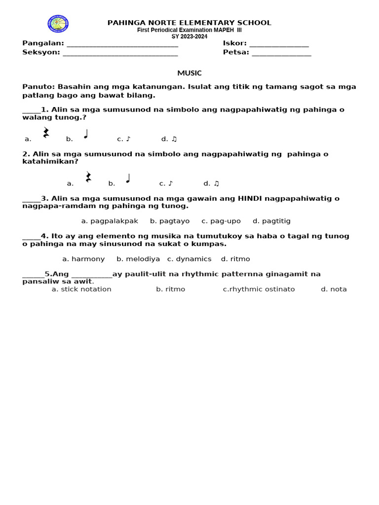 1st Quarter Summative Test in MAPEH | PDF