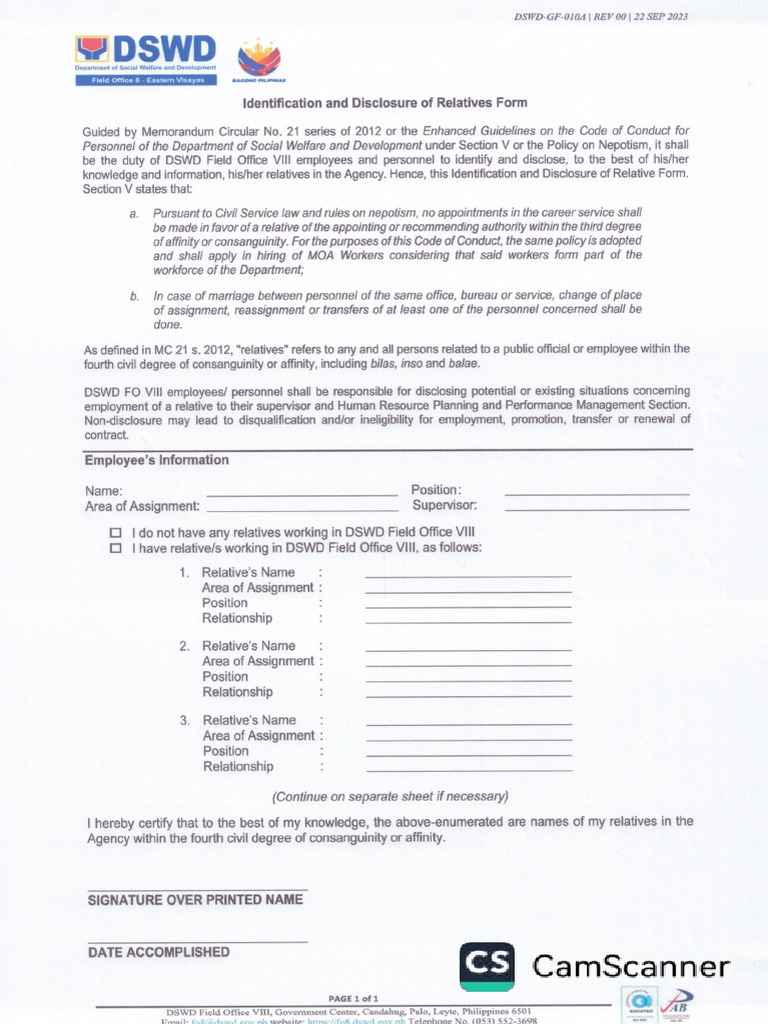 Identification and Disclosure of Relatives Form 9 | PDF