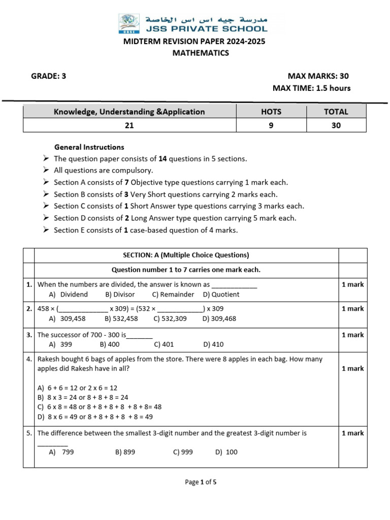 MATH-Grade 3-MID TERM REVISION-PAPER-2024-25 | PDF | Division (Mathematics) | Elementary Mathematics