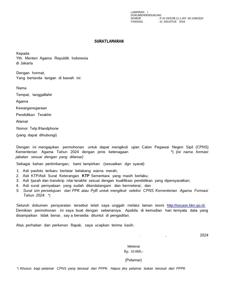 3159 Surat Lamaran Dan Pernyataan Cpns Kemenag 2024 | PDF