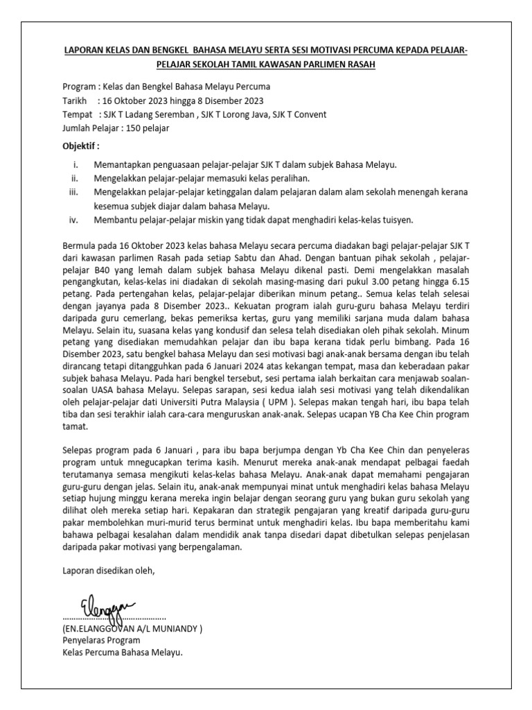 Laporan Kelas Bahasa Melayu Percuma Kepada Pelajar | PDF