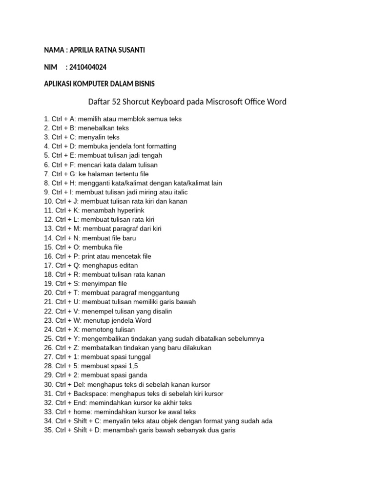 52 Shortcut Keyboard Microsoft Word | PDF | Metode & Bahan Ajar | Seni