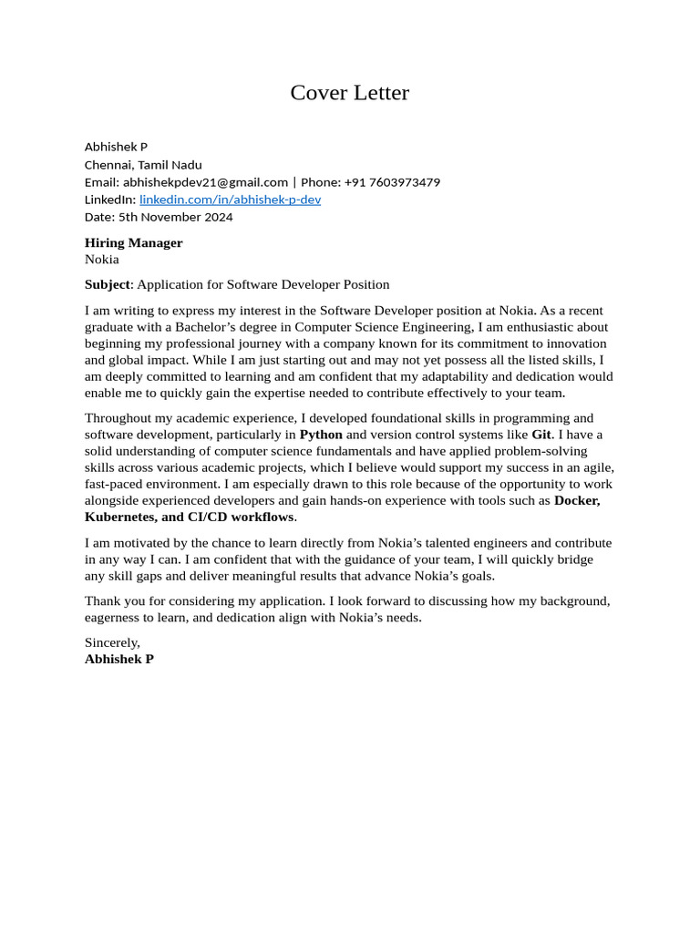 Cover Letter. Nokia | PDF