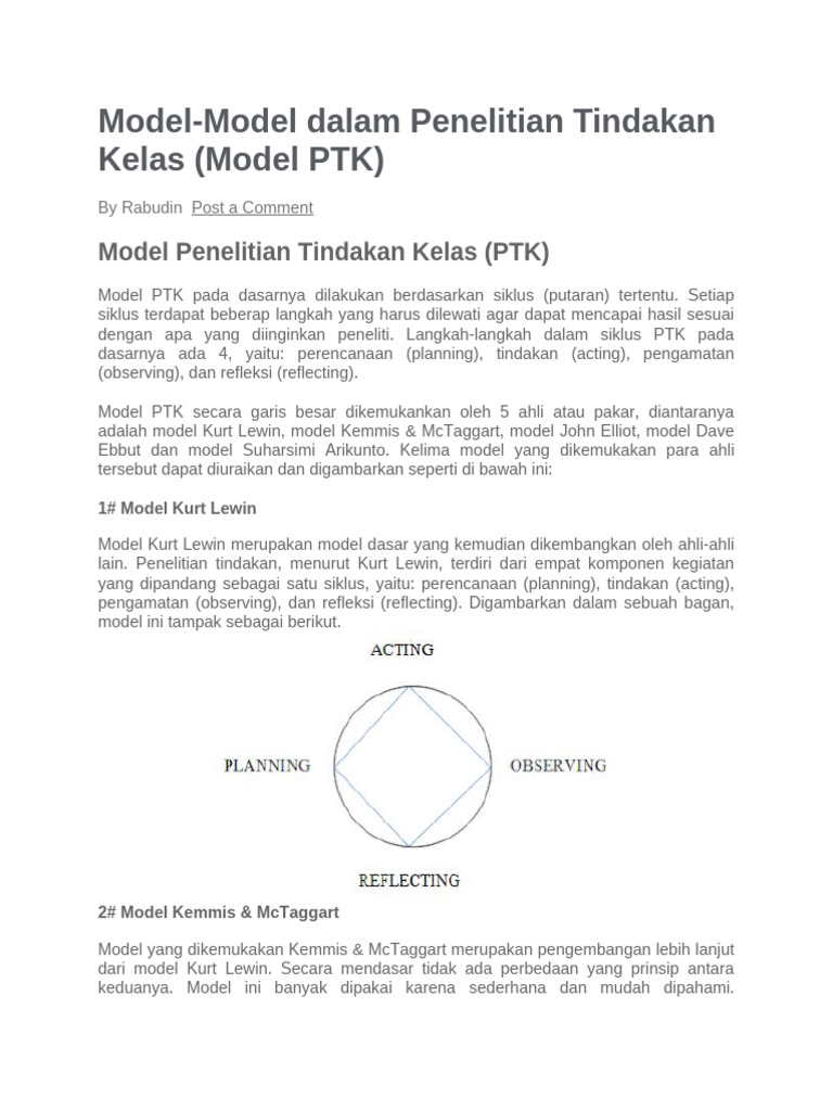 Model-Model Dalam Penelitian Tindakan Kelas (Model PTK) | PDF