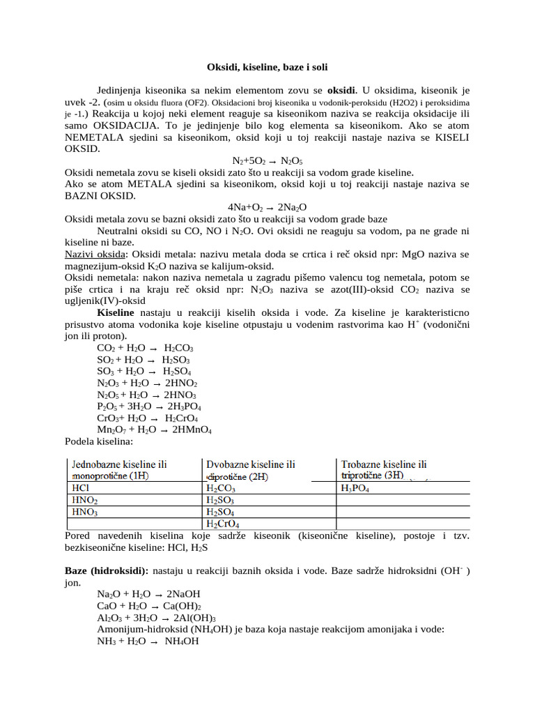 Oksidi, Kiseline, Baze I Soli | PDF