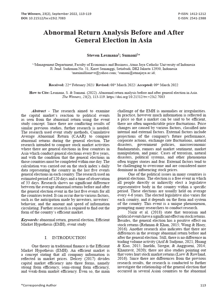 Abnormal Return Analysis Before and AfterGeneral Election in Asia | PDF ...