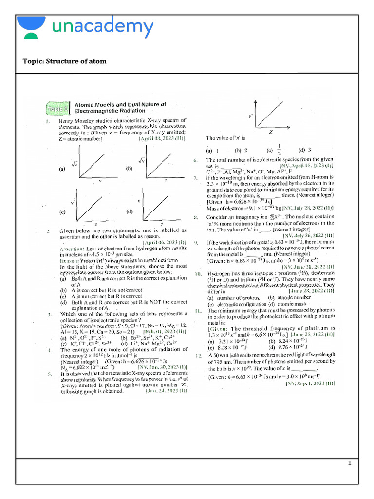 Chemistry Assignment-PYQs - Structure of Atom | PDF | Business | Home ...