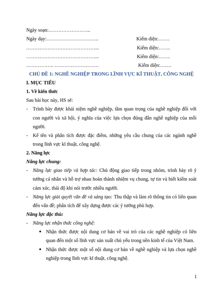 Giao An Cong Nghe 9 Dinh Huong Nghe Nghiep Bài 1 L P 9A, 9B | PDF