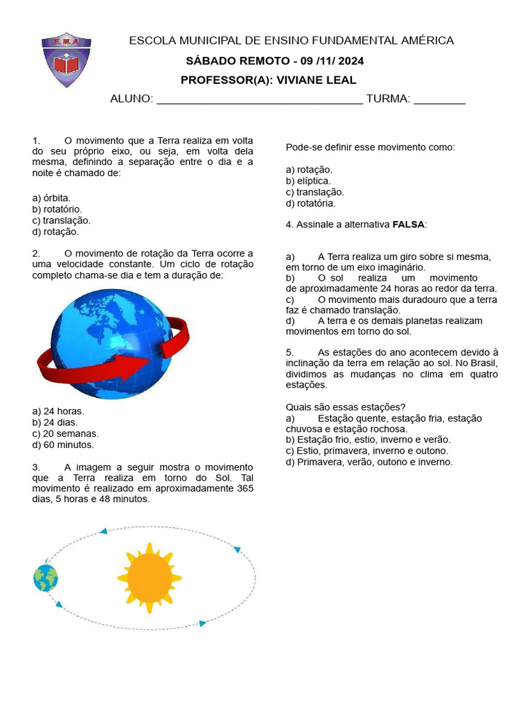 Atividade - Movimentos Da Terra | PDF | Terra | Sol