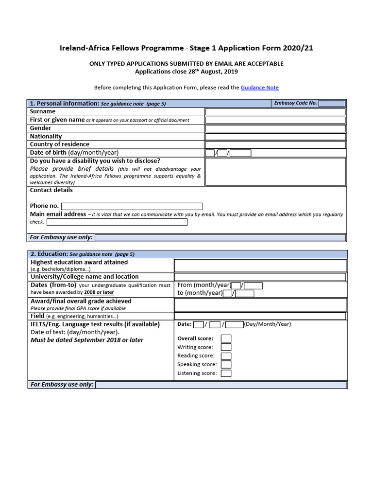 Ireland-Africa Fellows Programme 2020-21 Stage 1 Application Form | PDF ...