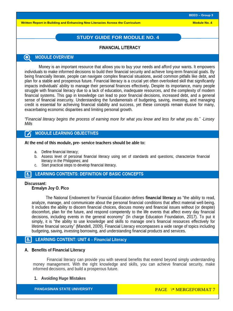 Financial Literacy Study Guide Module 4 | PDF | Financial Literacy ...