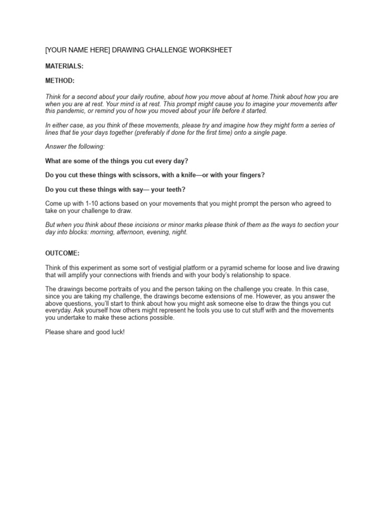 (Your Name Here) Drawing Challenge Worksheet: Materials: Method | PDF ...