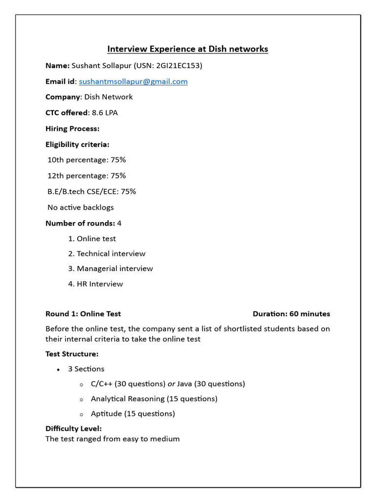 Dish Network Interview Experience Summary | PDF | Internet Protocol ...