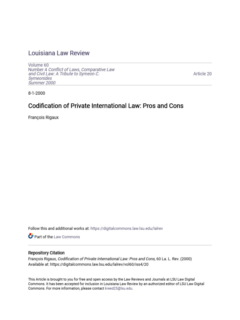 Codification of Private International Law - Pros and Cons | PDF | International Law ...