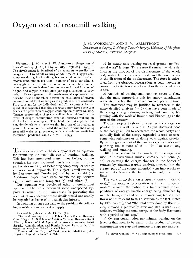 Workman Et Al. (1963) - Oxygen Cost of Treadmill Walking | PDF | Speed | Physics