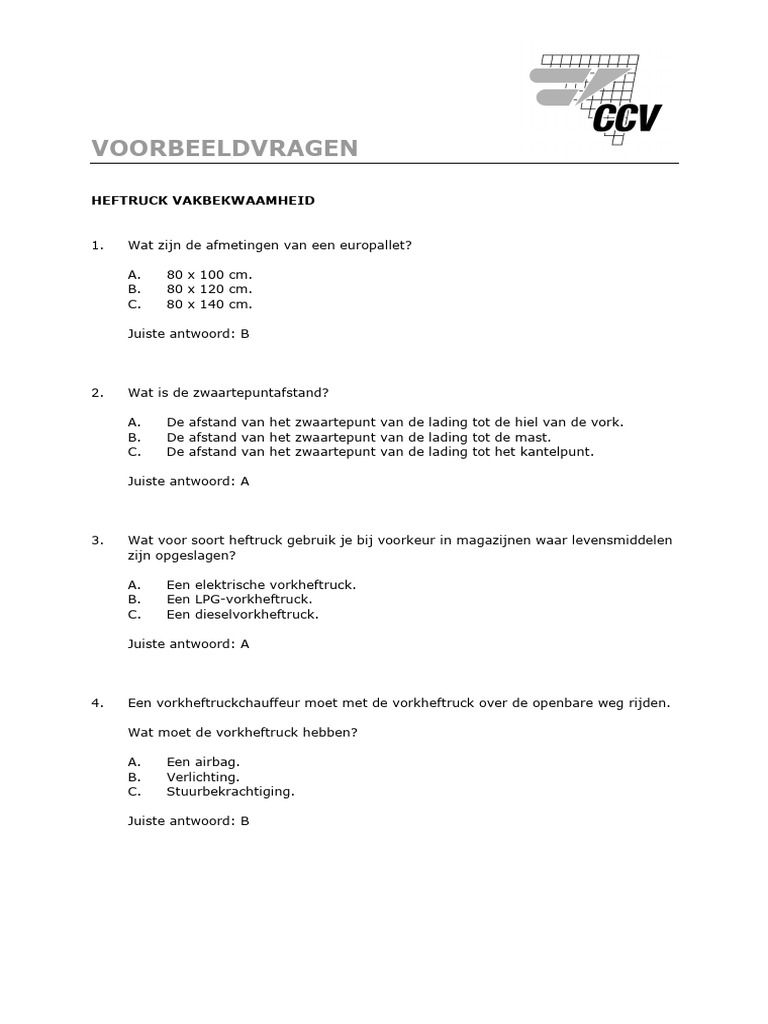 Voorbeeldvragen Vakbekwaamheid Vorkheftruck - Reachtruck Theorie | PDF