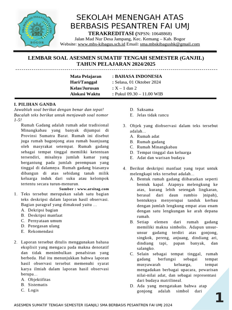 Soal Bindo X - Asts Ganjil 2024 | PDF