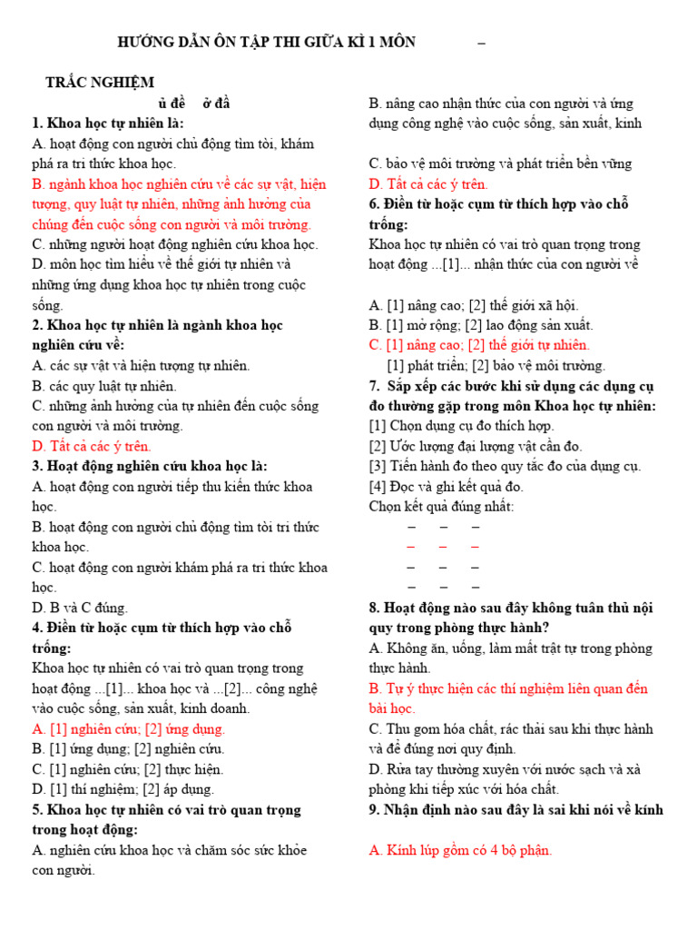 KHTN 6 - Hướng Dẫn Ôn Tập KT Giữa Kì 1 23-24 | PDF