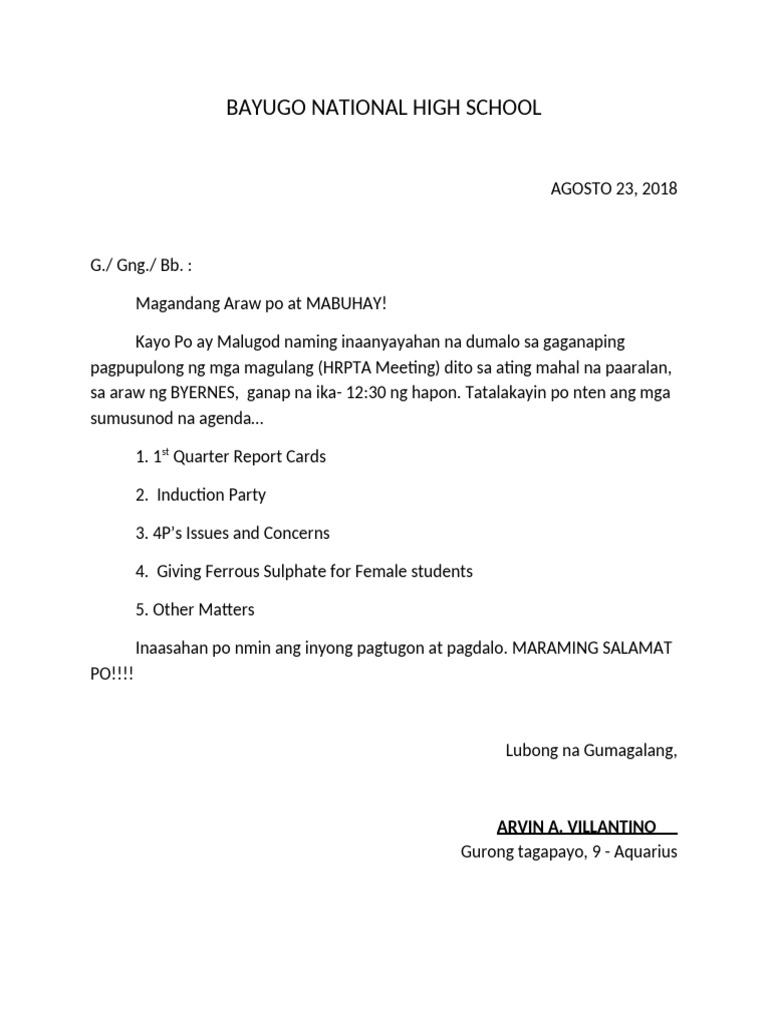 Pta Meeting Letter | PDF