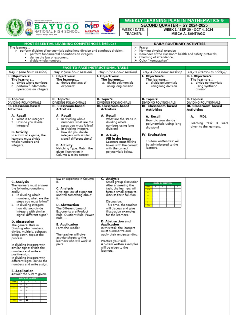 Weekly Learning Plan in Mathematics 9: SECOND QUARTER - SY 2024-2025 ...