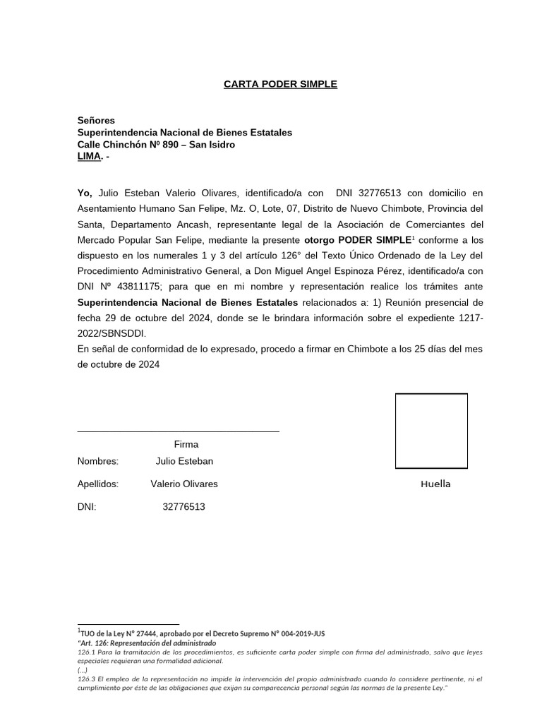 Carta Poder Simple Tramites Administrativos | PDF | Derecho