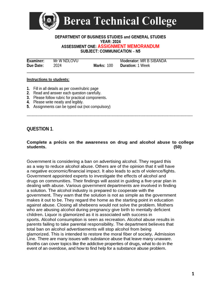 Comm N5 - Assignment Memorandum | PDF | Substance Abuse | Drug ...