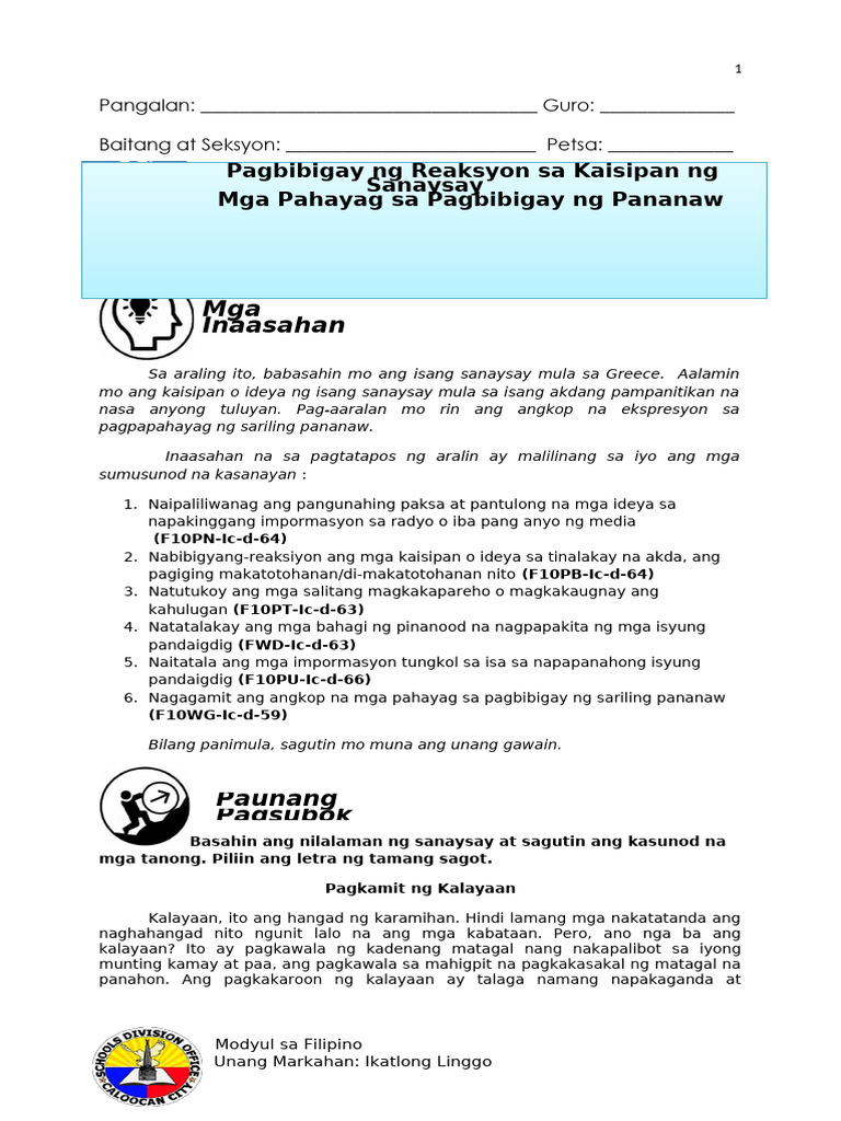 10 Filipino Q1 W3 Validated | PDF