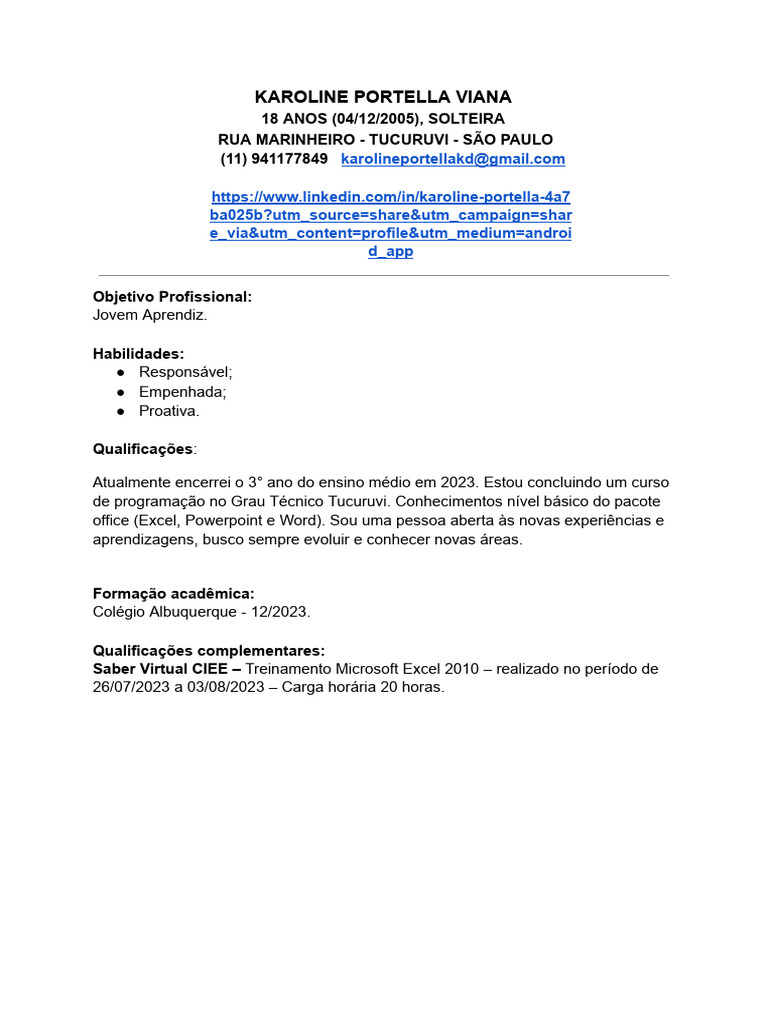 Karoline Portella Viana - Curriculo | PDF