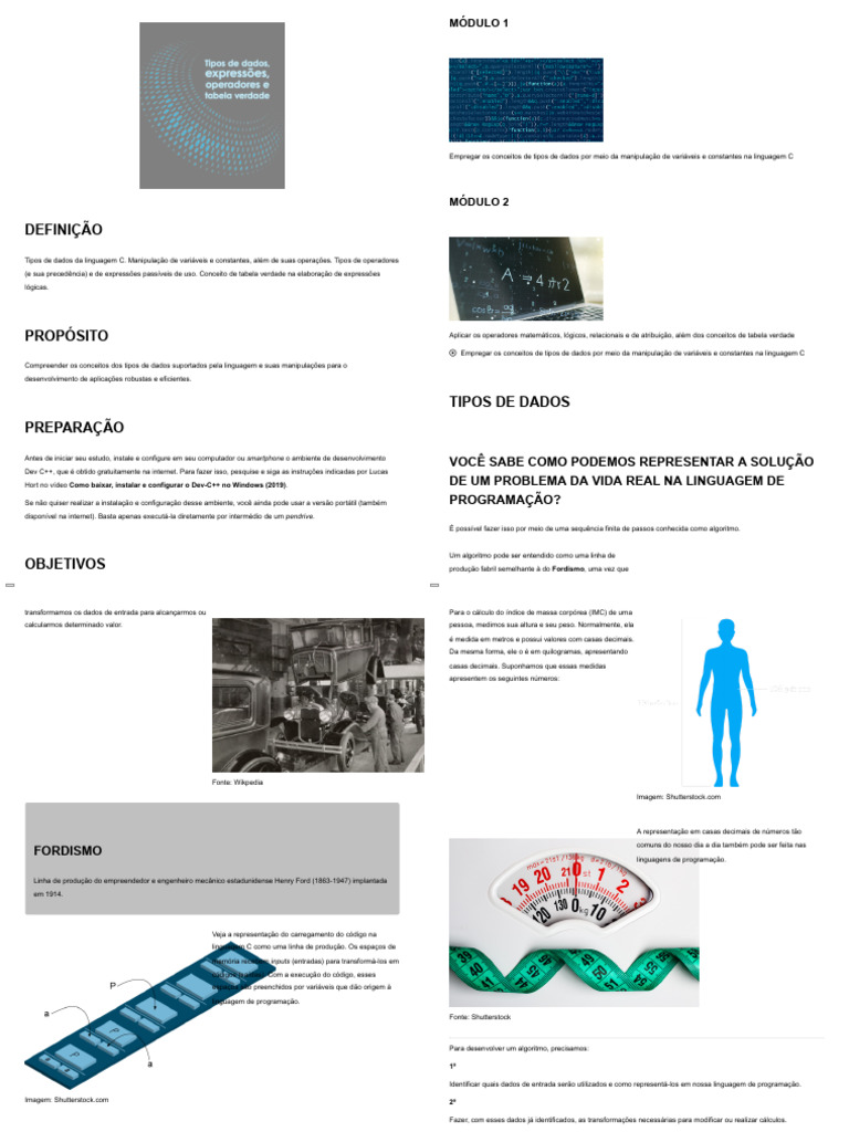 Aula 2 - Tipos de Dados, Expressões, Operadores e Tabela Verdade | PDF | C (linguagem de ...