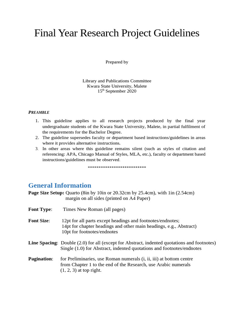 KWASU Final Year Research Guidelines | PDF | Note (Typography) | Citation