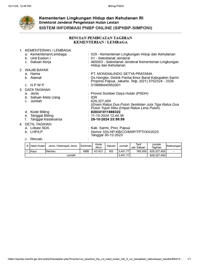 Billing PSDH MSP-1 | PDF