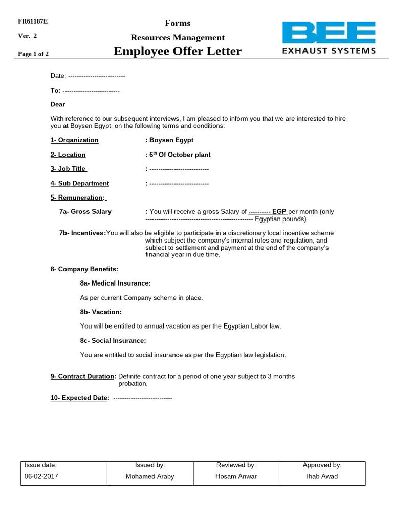 FR61187E Offer Letter 1 | PDF | Employment | Salary