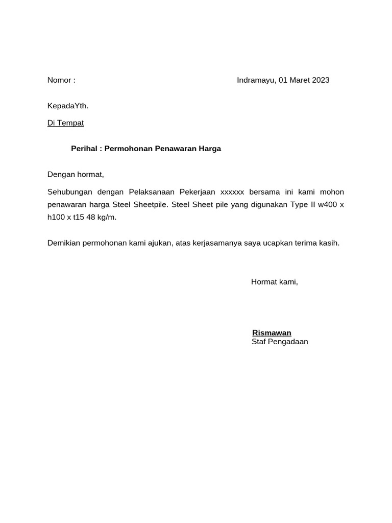 COntoh Surat Permohonan Penawaran HArga | PDF COntoh Surat Permohonan Penawaran HArga | PDF