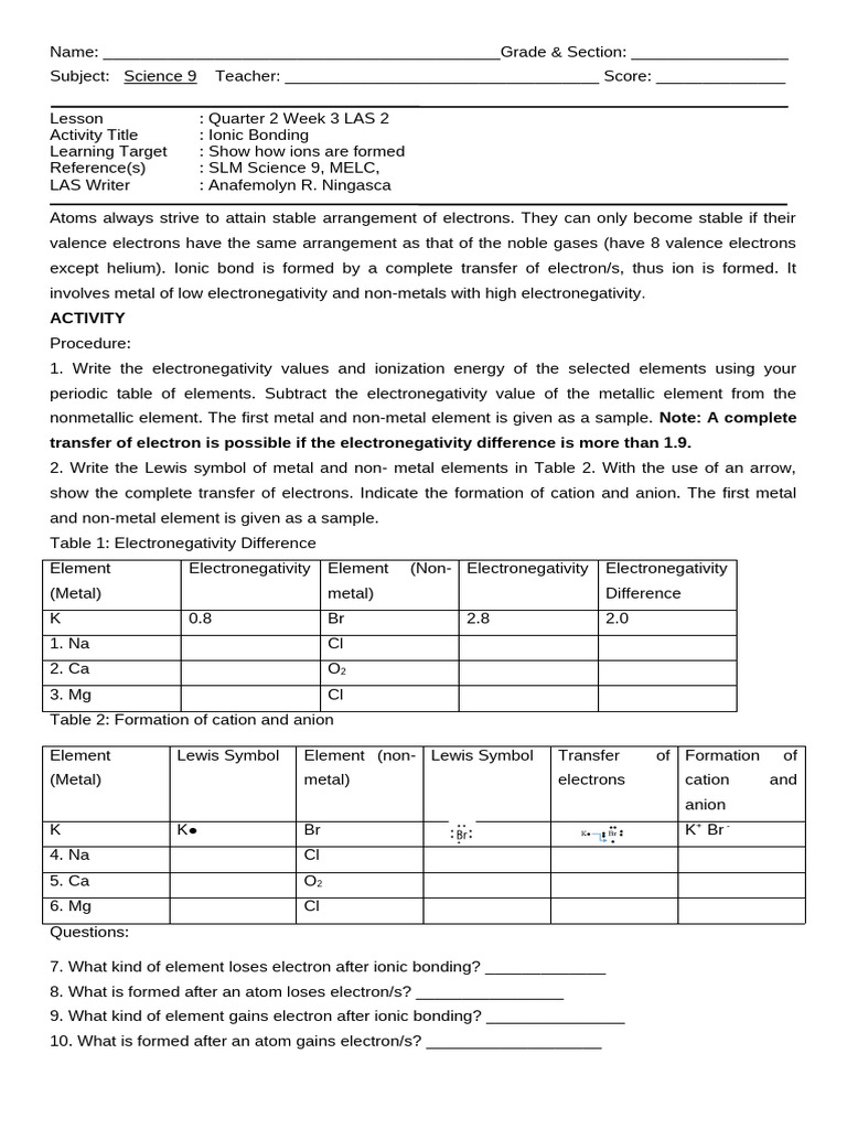 Ionic Bonding in Science 9 | PDF | Ion | Ionic Bonding