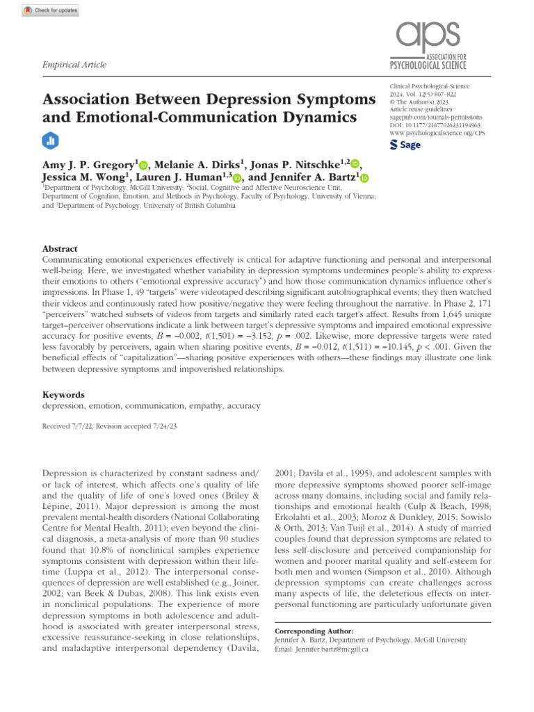 Association Between Depression Symptoms and Emotional-Communication ...