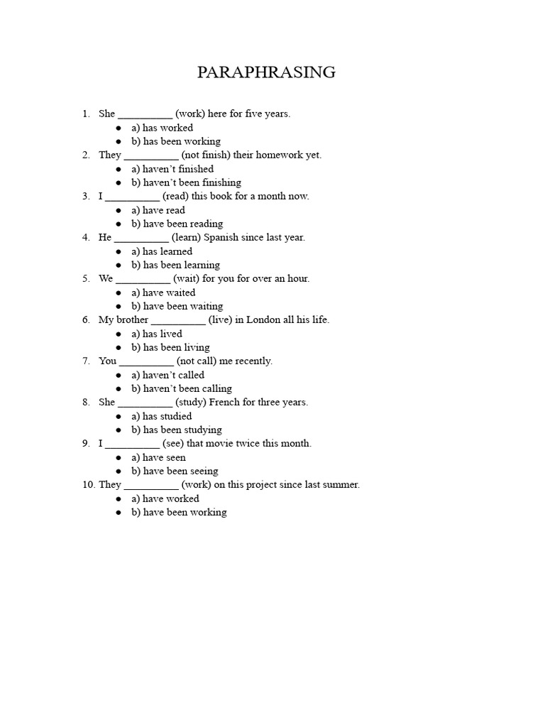 Paraphrasing Exercises for Present Perfect | PDF
