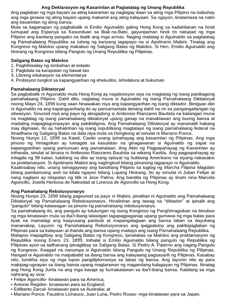 Ang Deklarasyon NG Kasarinlan at Pagtatatag NG Unang Republika | PDF
