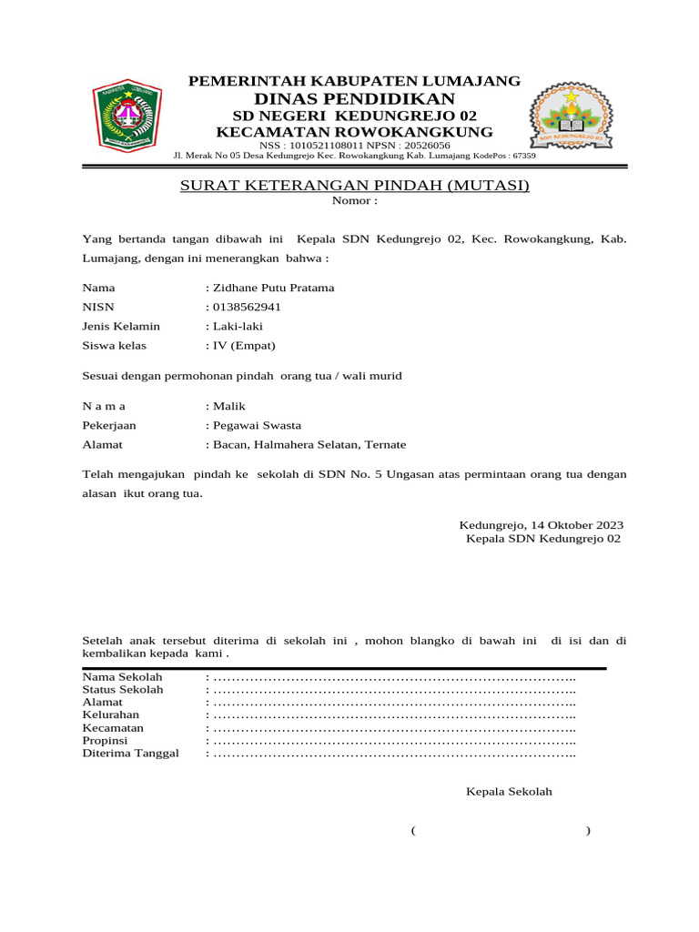16 Surat Pindah Siswa Pdf