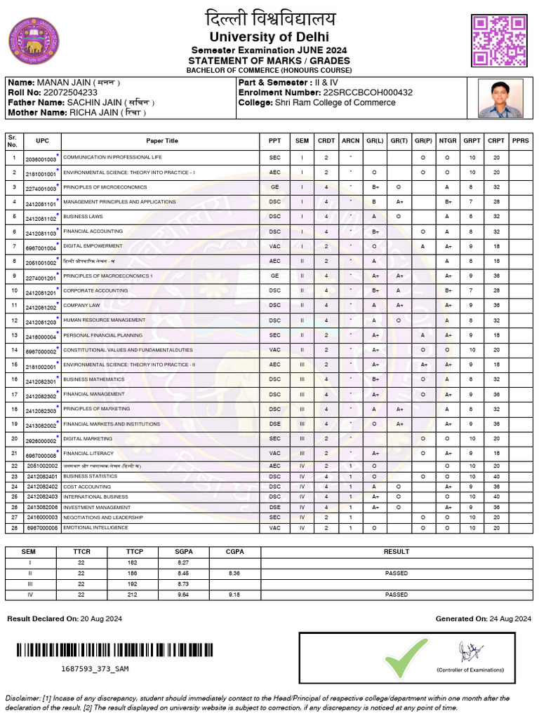 Sem 4 Marksheet | PDF