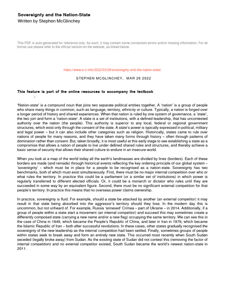 Sovereignty and The Nation State | PDF | Sovereignty | Nation