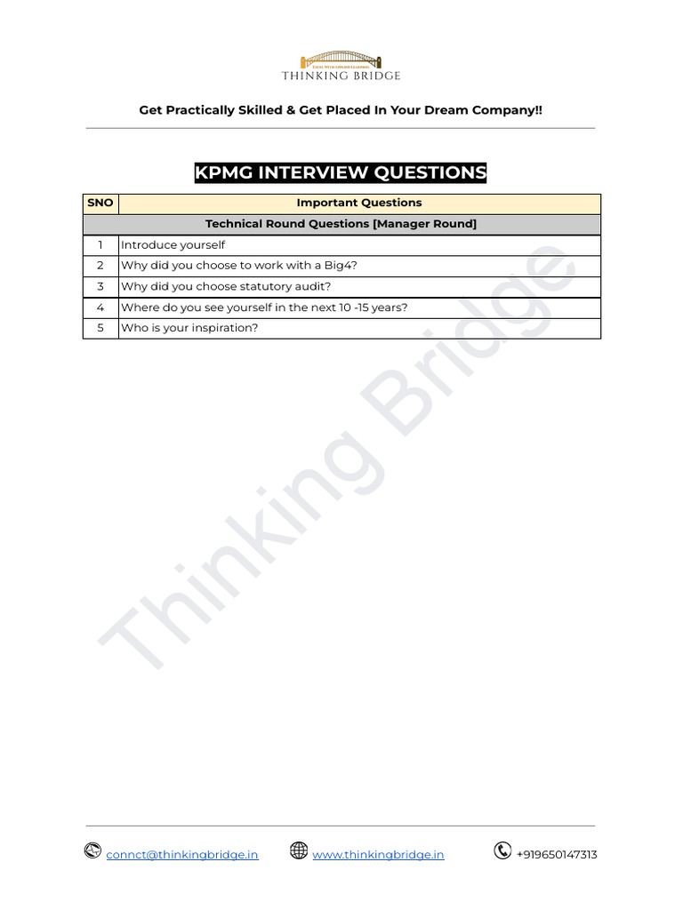 KPMG - Interview Questions For Articleship | PDF | Career & Growth ...