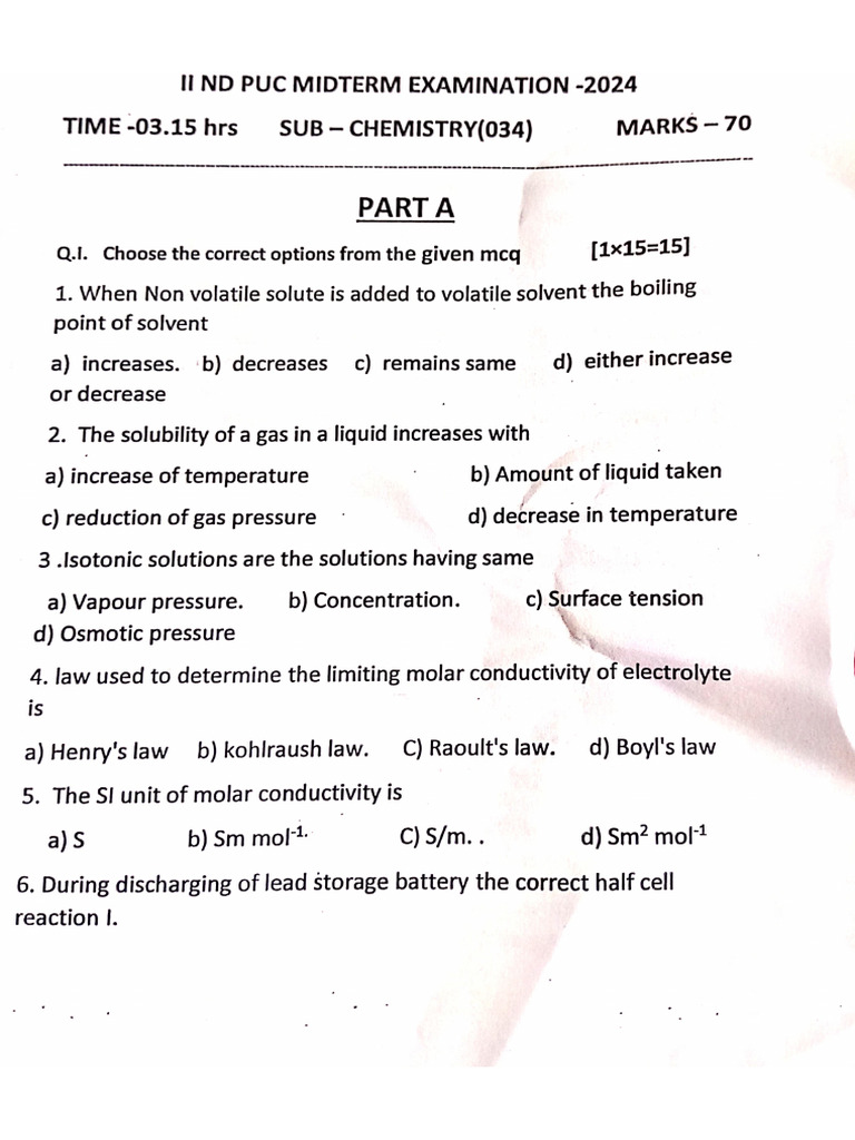 Second PUC Chemistry Met Term Examination Model Question Paper 2024 | PDF
