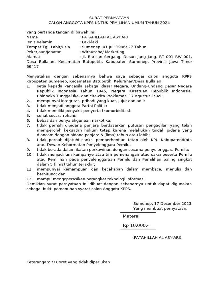 Surat Pernyataan KPPS Kab. Sumenep | PDF