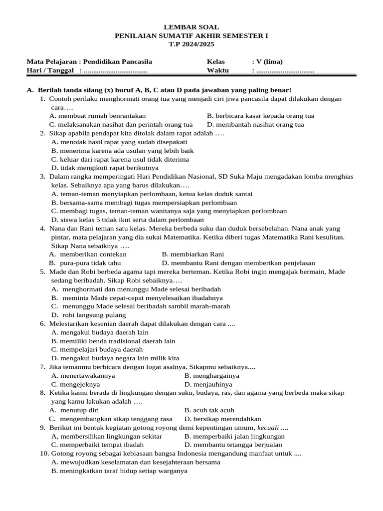 Soal SAS PPKN Kelas 5 | PDF | Karier & Perkembangan | Olahraga & Rekreasi