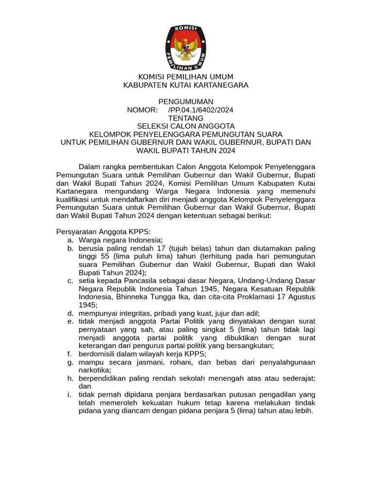 Pengumuman Penerimaan KPPS Dan Lampiran | PDF