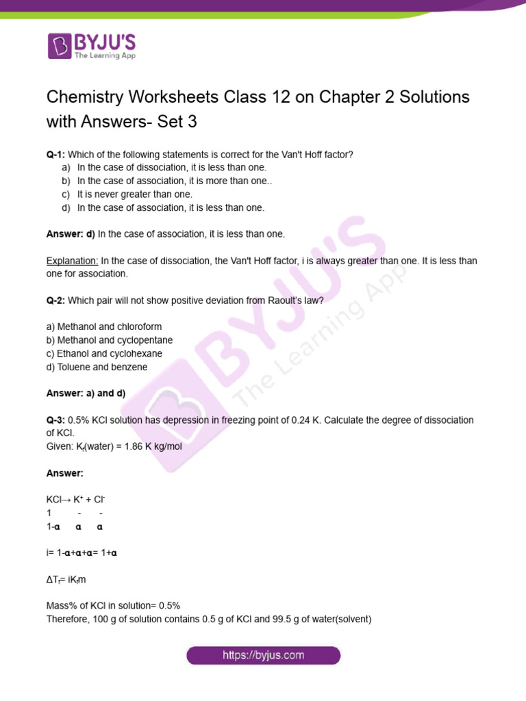 Chemistry Worksheets Class 12 On Chapter 2 Solutions With Answers Set 3 | PDF | Solubility ...